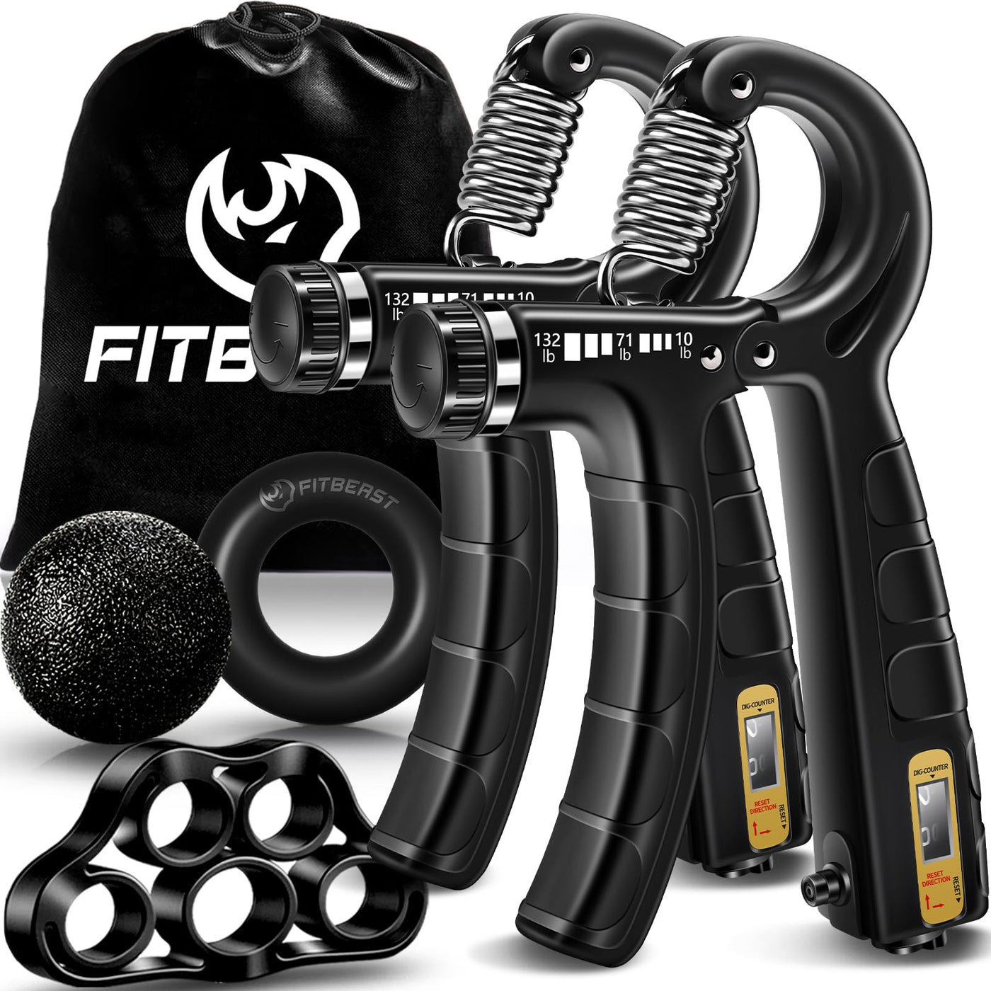FitBeast Hand Grip Strengthener Workout Kit (5 Pack) - 2 Forearm Adjus ...