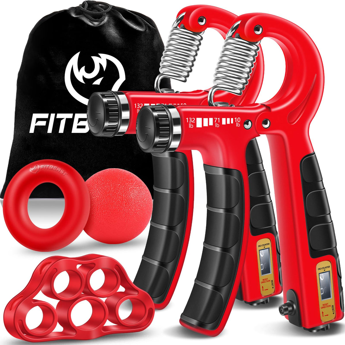 FitBeast Hand Grip Strengthener Workout Kit (5 Pack), 2 Forearm Grip A ...