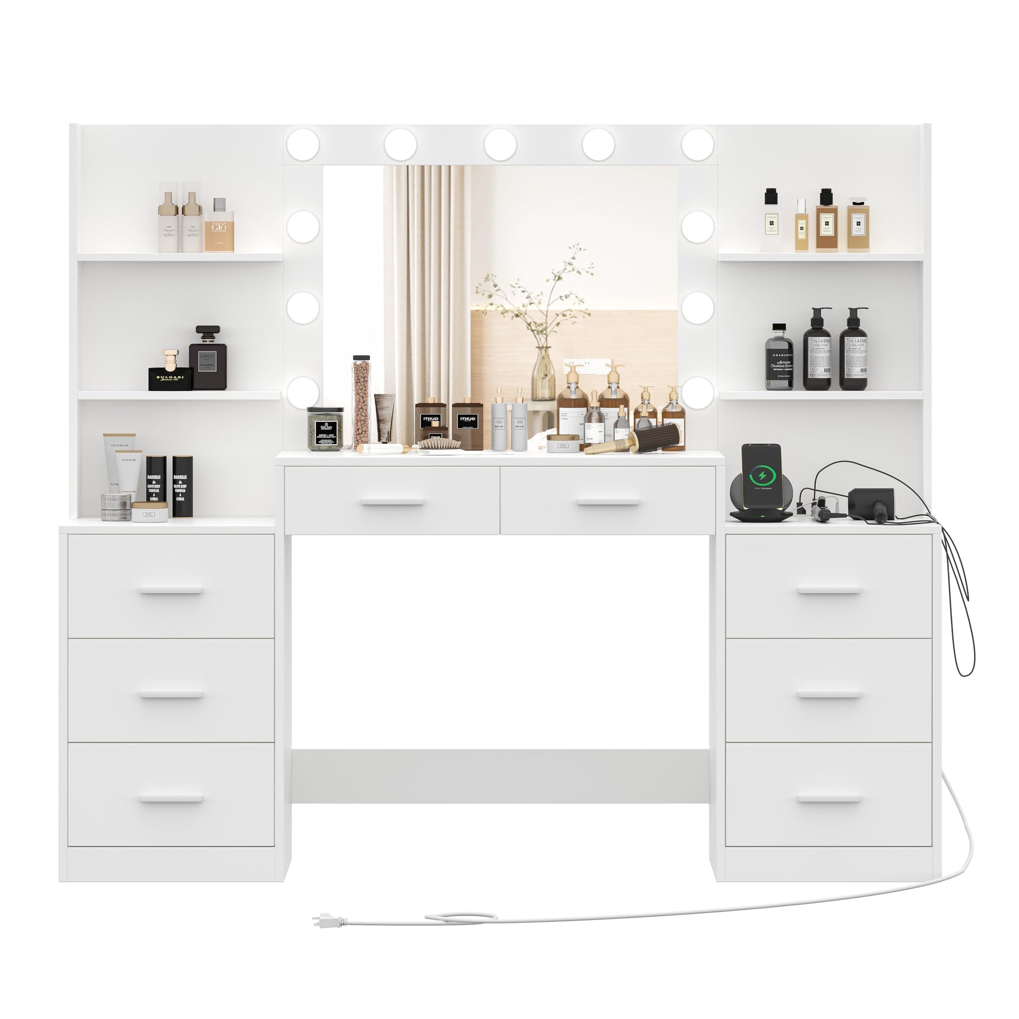 Irontar 61.9" Large Vanity Desk with Mirror & Lights, White Makeup Van ...