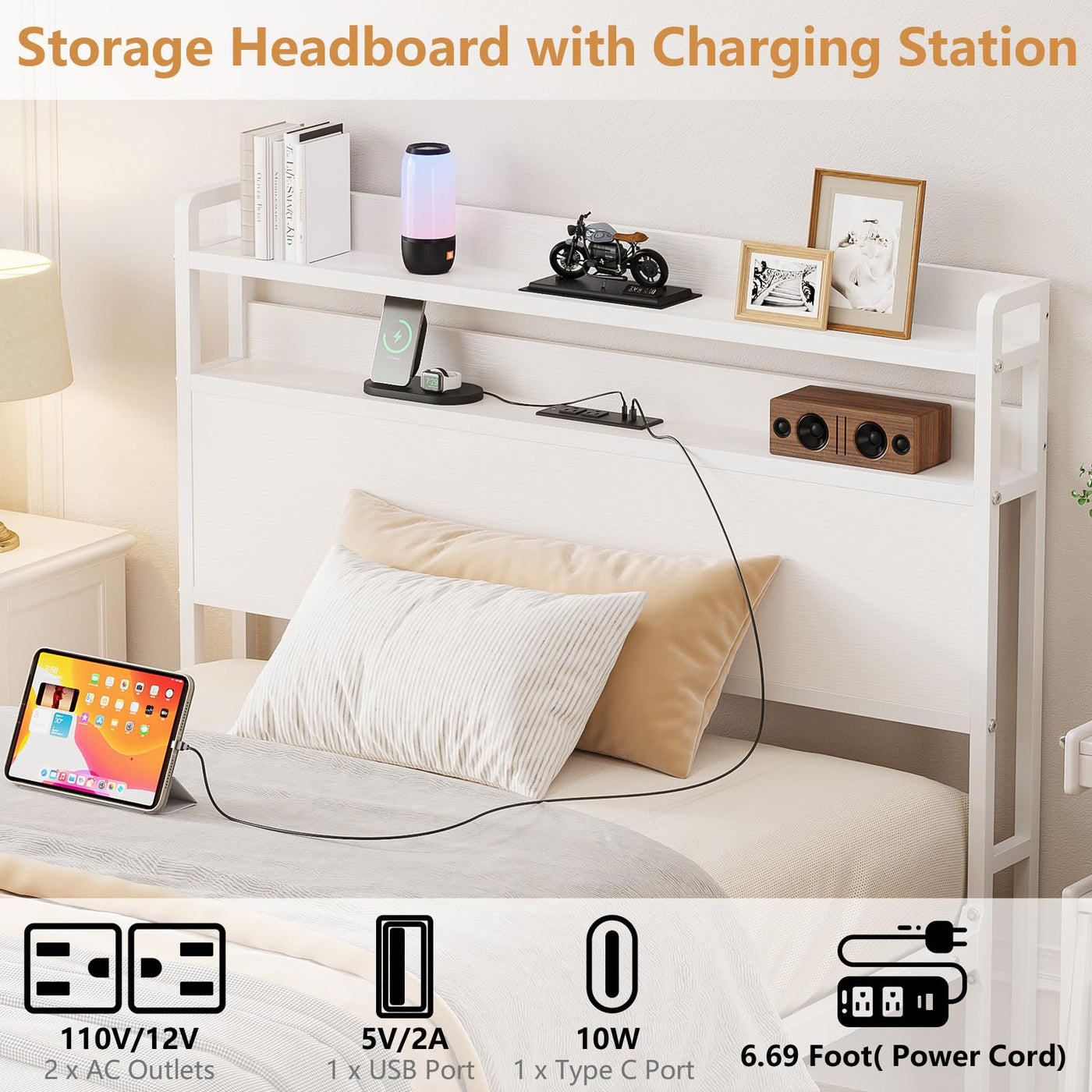 Elephance Twin Bed Frames with Charging Station and Storage Headboard ...